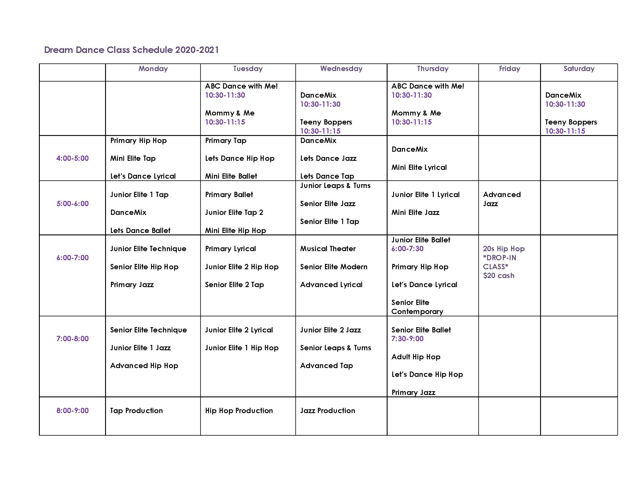Dream Dance Class Schedule 2020 FINAL – Dream Dance Academy