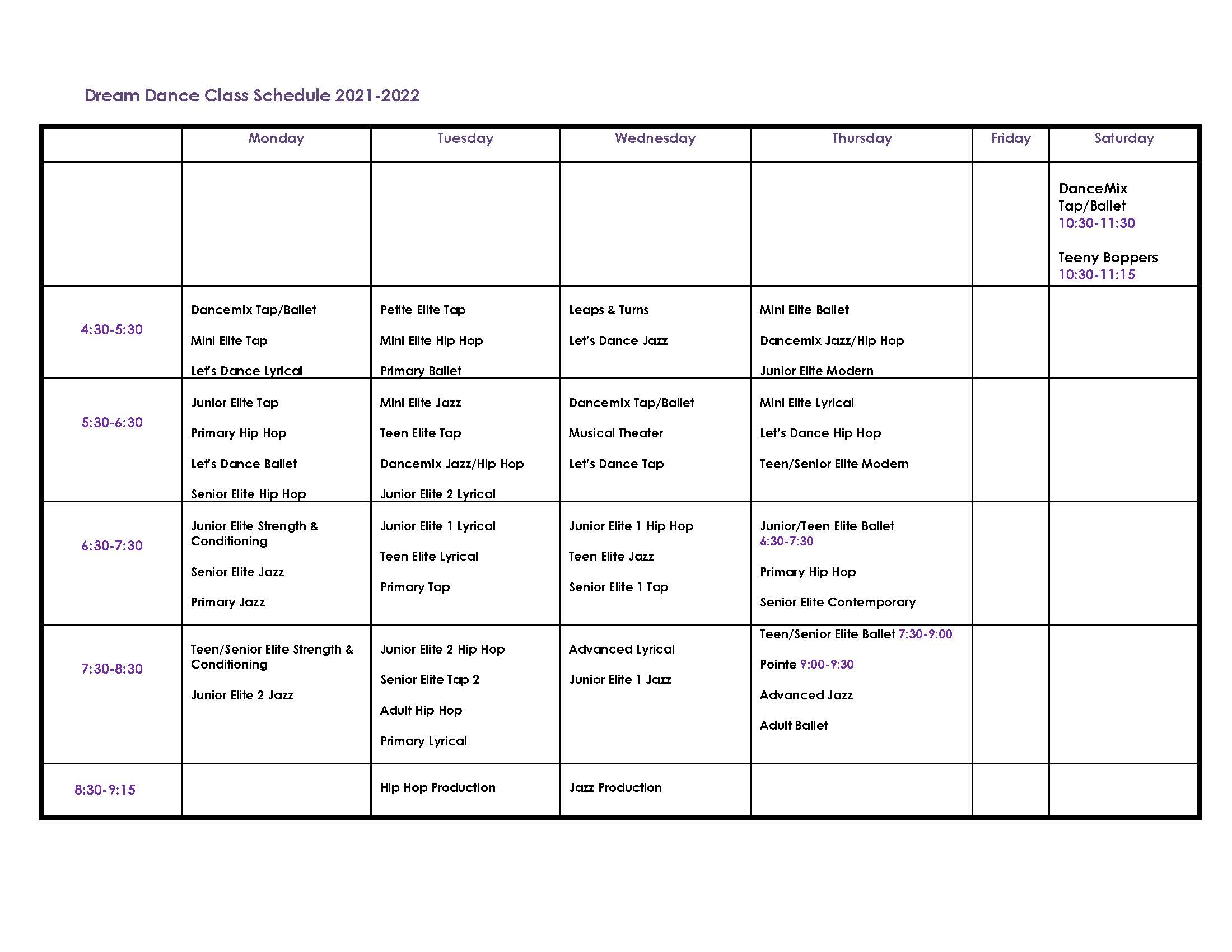 Dream Dance Class Schedule 2021-2022 – Dream Dance Academy